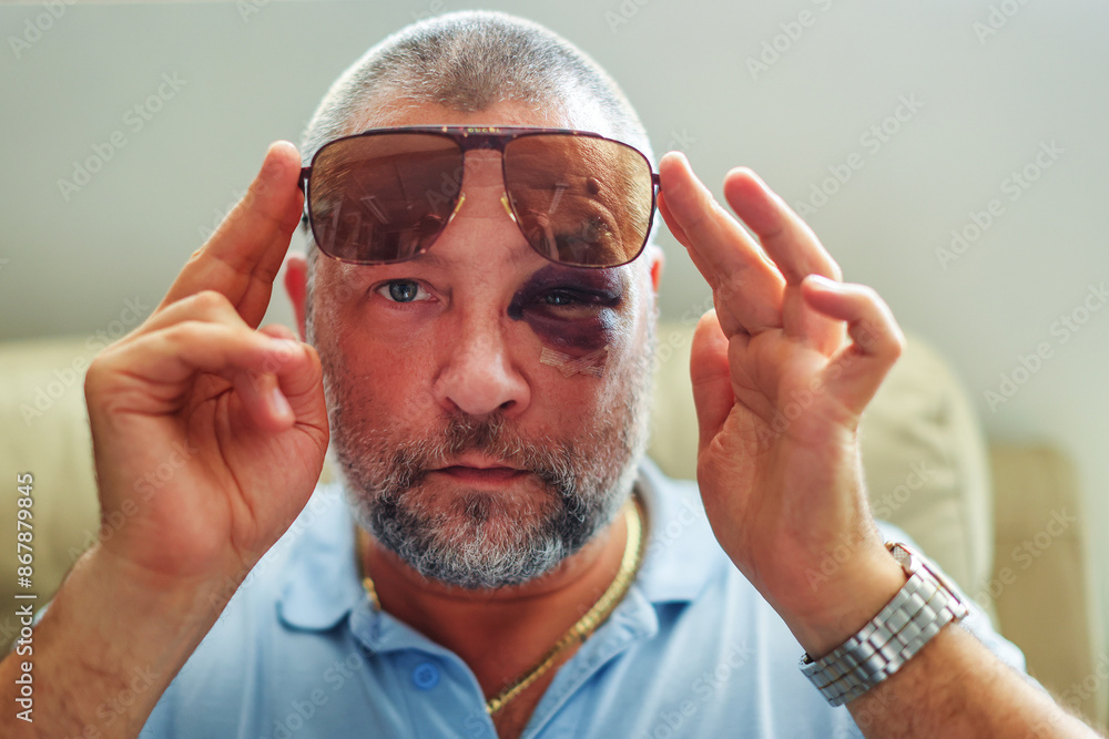 eye injury, man use sunglasses with black eye. man after accident or ...