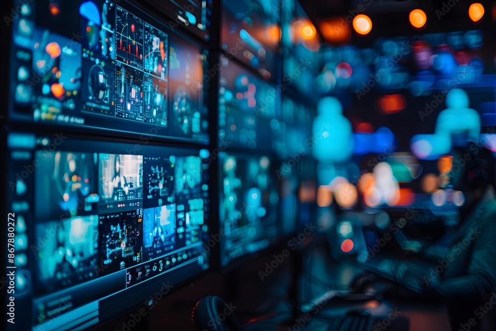 High-Tech Control Room with Multiple Monitors and Data Displays Stock ...