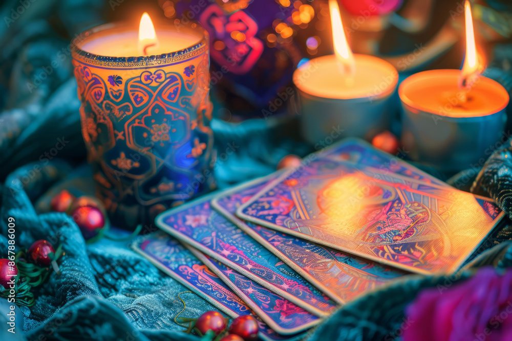 Mystical tarot cards laid out with lit candles and vibrant decorations ...