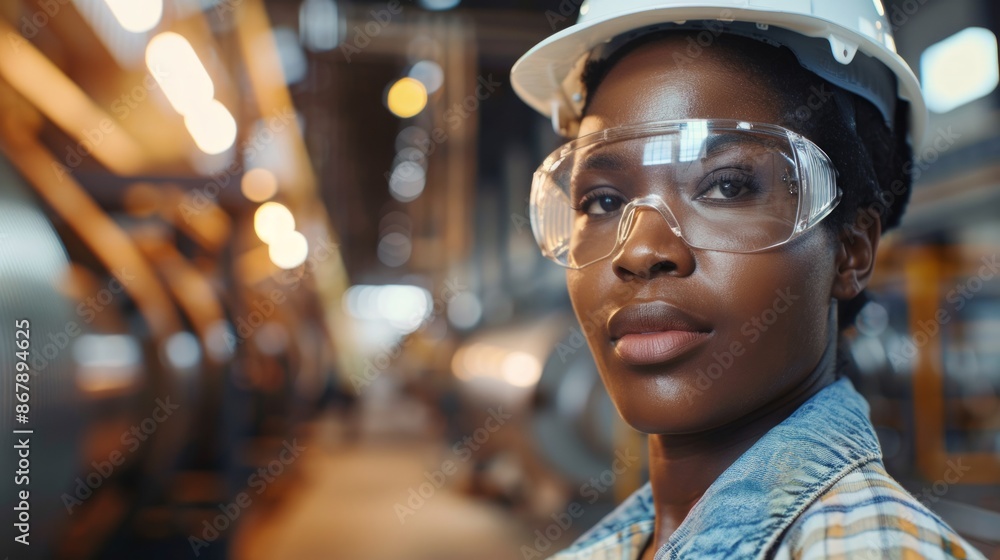 African American female engineer in a factory, wearing a hard hat and ...