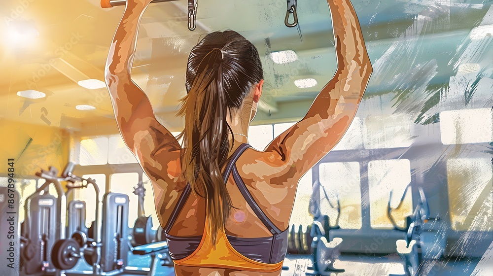 Detailed illustration of a woman executing a lat pulldown exercise in a welllit gym Emphasize ...