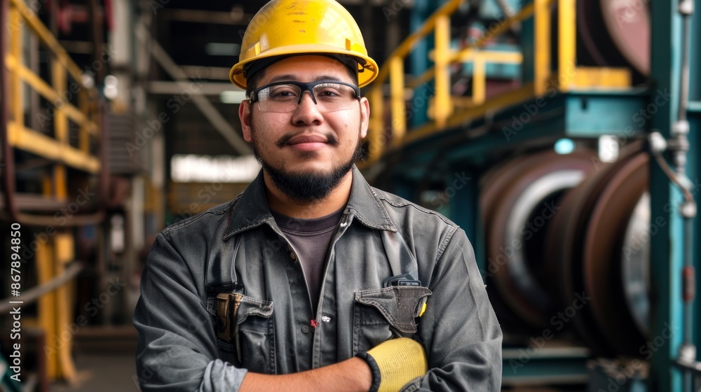 Hispanic male engineer wearing a yellow safety helmet in a modern ...