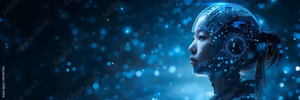 Blue digital robot icon levitation and circle futuristic HUD with Ai ...