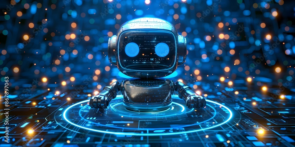 Blue digital robot icon levitation and circle futuristic HUD with Ai ...
