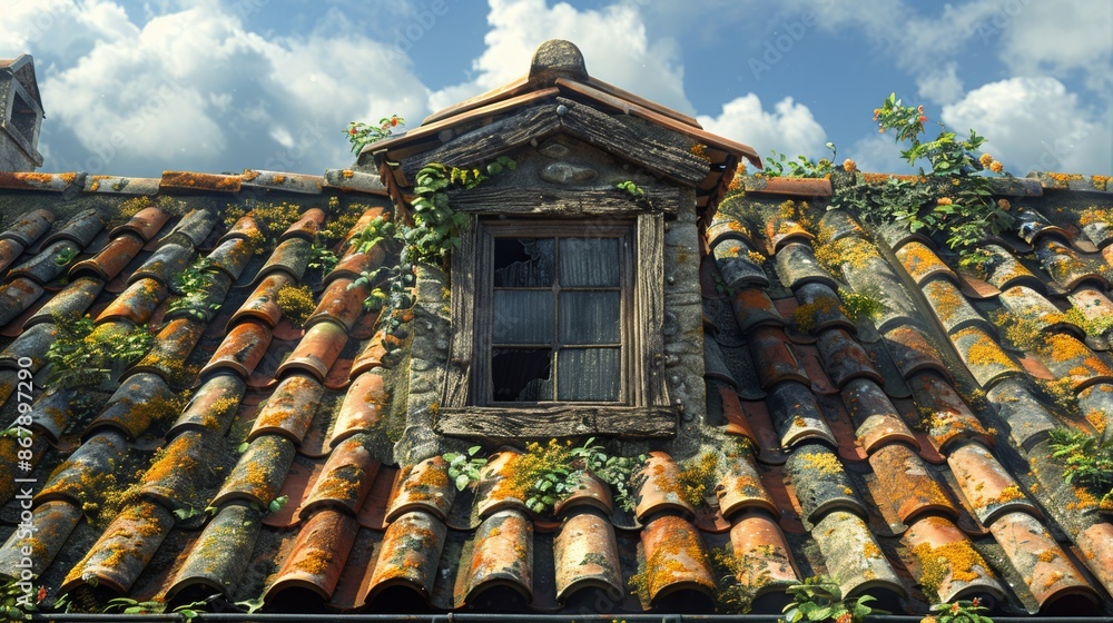 Old rustic attic window with broken glass on mossy tiled roof Stock ...