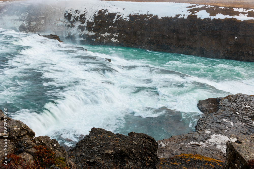Iceland gullfoss cascade impressive river flow surrounded by snowy ...