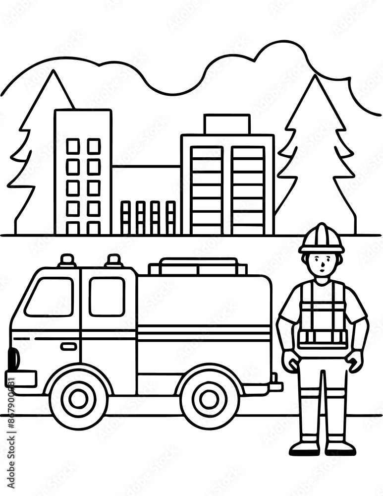 Hand Drawn Kids Book Coloring Page Fire Engine and Fire Fighter ...