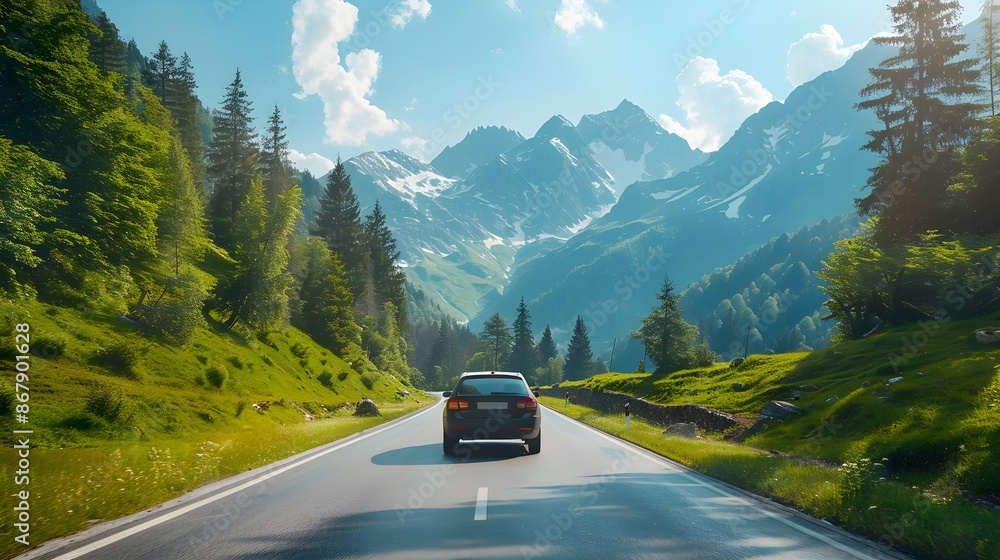 Luxury sedan driving on a scenic mountain road with panoramic views of ...