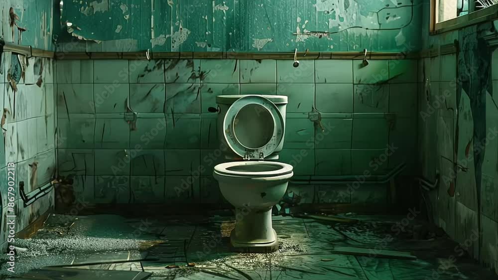A condemned bathroom with dirty toilets in an abandoned warehouse ...