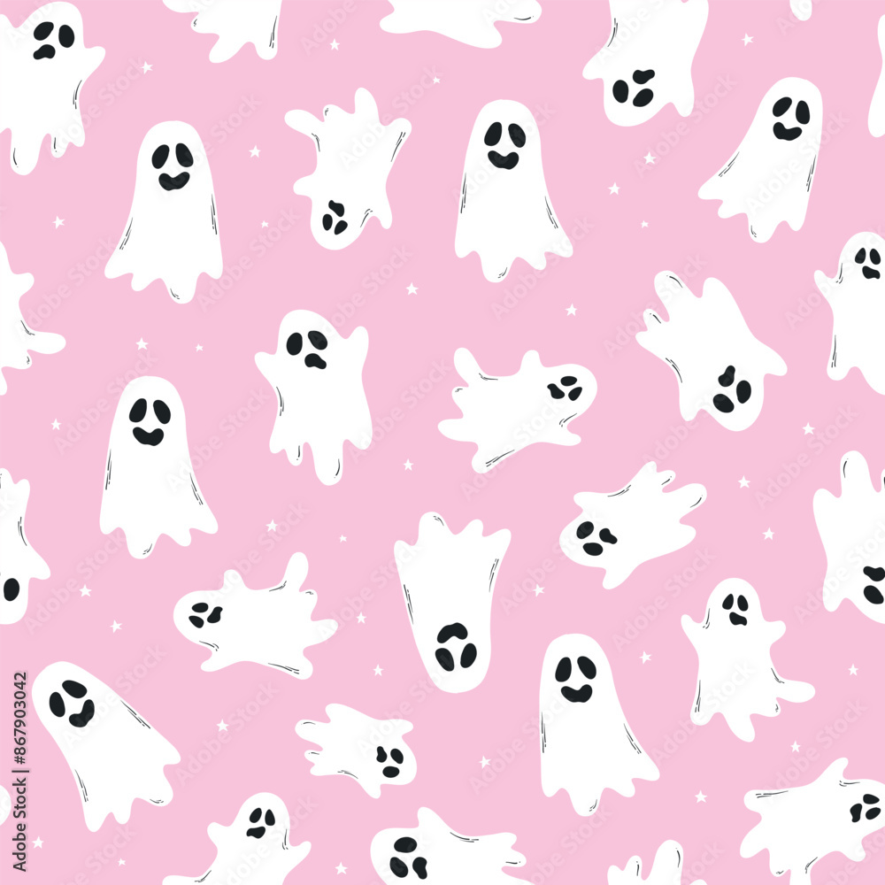Halloween seamless pattern with cute flying ghosts on pink background ...