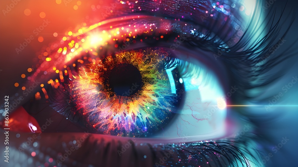 Human multicolored iris of the eye animation concept. Rainbow lines ...