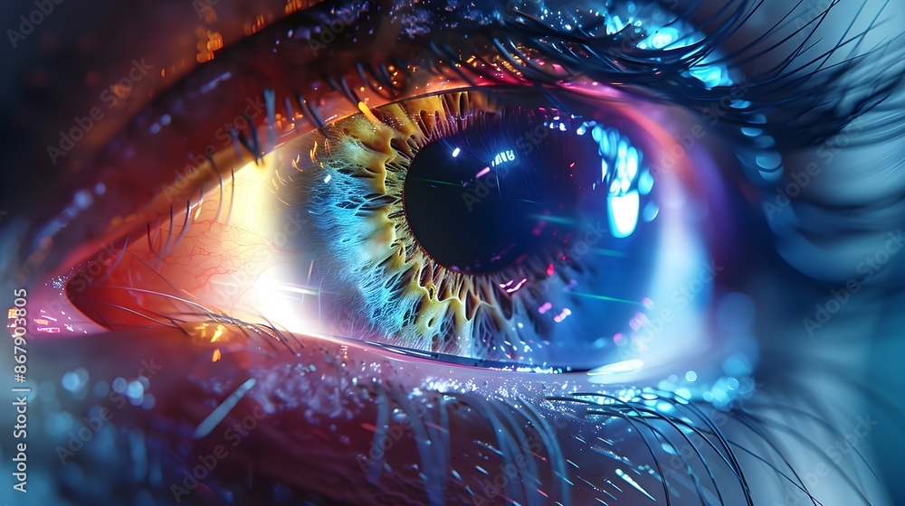 Human multicolored iris of the eye animation concept. Rainbow lines ...