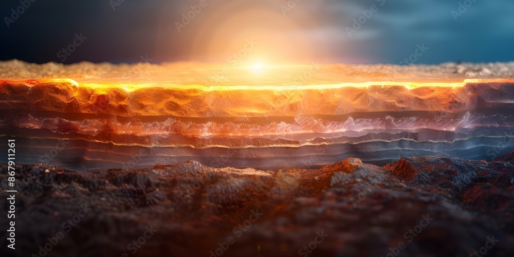 Illuminated cross section revealing geological layers, oil wells, and ...