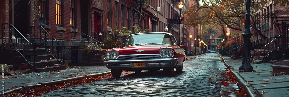 Urban Street Scene: Photograph a retro car parked on a cobblestone ...