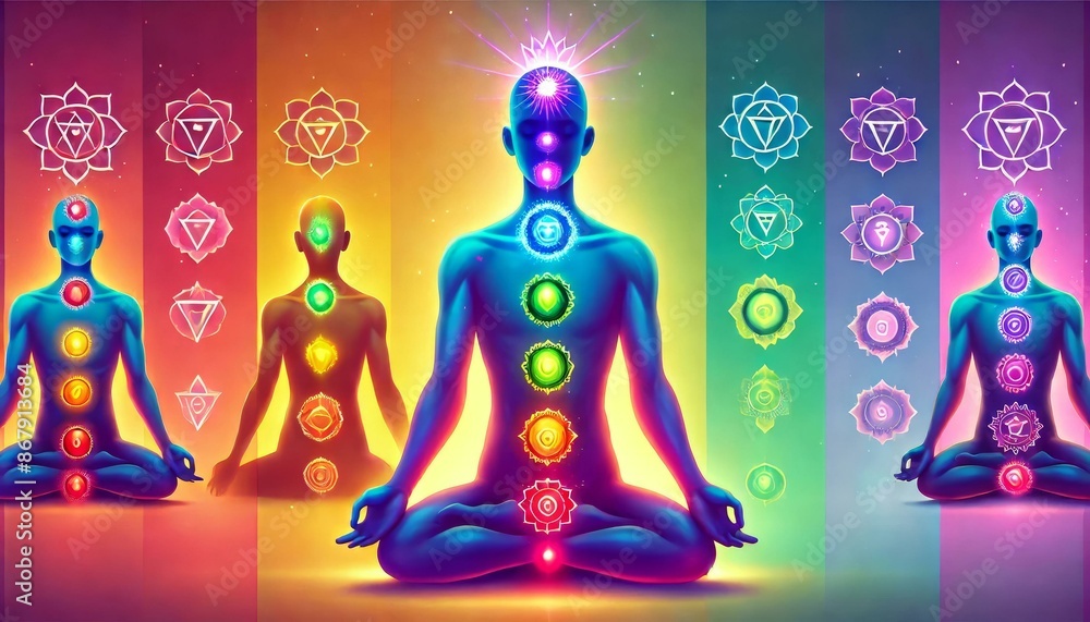 Meditating figures with glowing chakras and sacred geometric symbols on ...