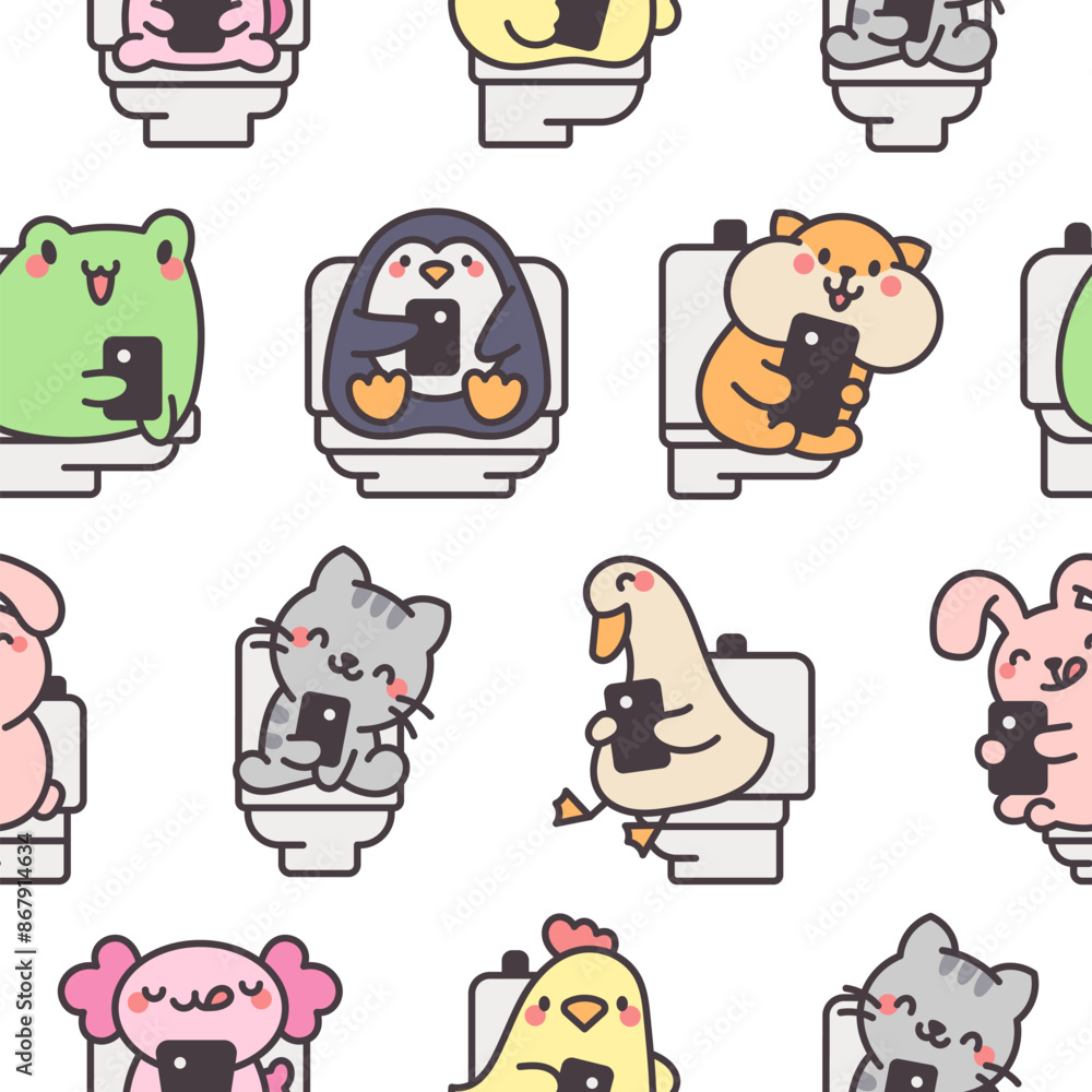 Cute animal pooping on toilet with phone. Seamless pattern. Funny ...