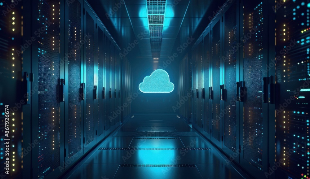 Futuristic illustration of a data center with a glowing blue cloud icon ...