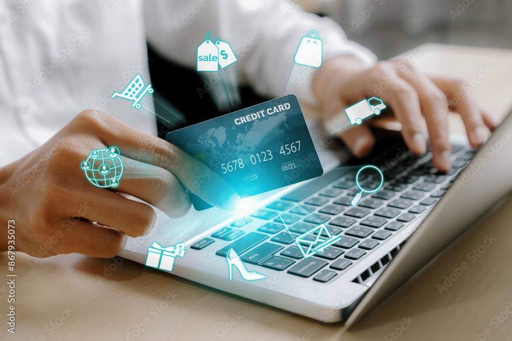 Elegant customer wearing white shirt holding credit card choosing ...