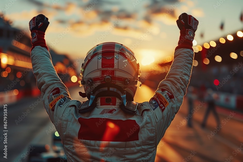 Triumphant Race Car Driver Celebrating Victory under Stadium Lights ...