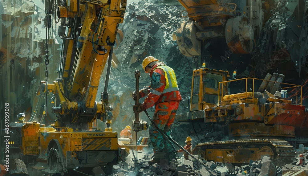Construction worker operating heavy machinery at a site, surrounded by ...