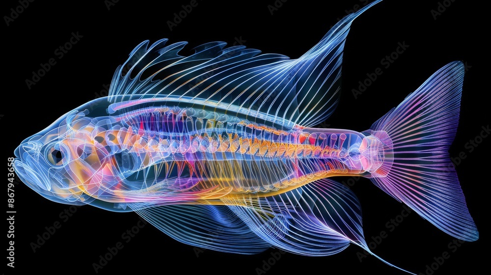 X-ray of a fish displaying internal structures, glowing colors against ...