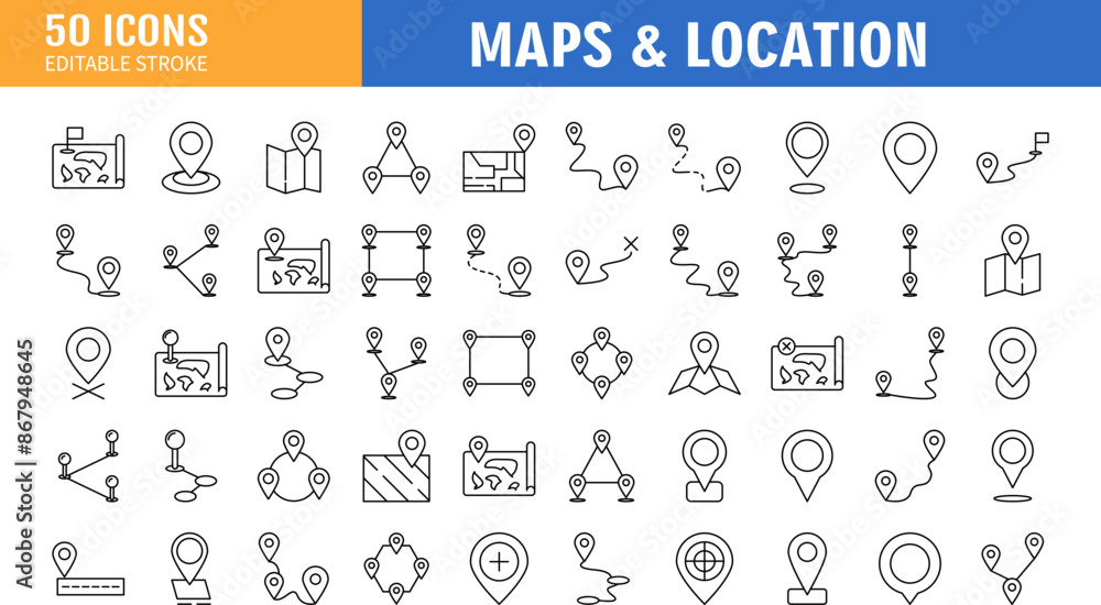 Set of Vector Line Icons. Contains such Icons as Map with a Pin, Route ...