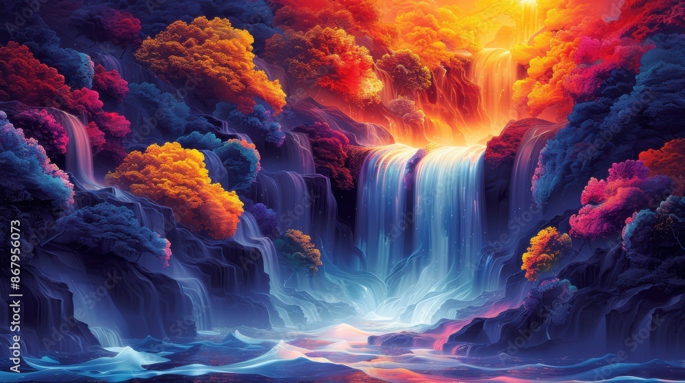 Dynamic forms and vivid colors depict a forest landscape, with a ...