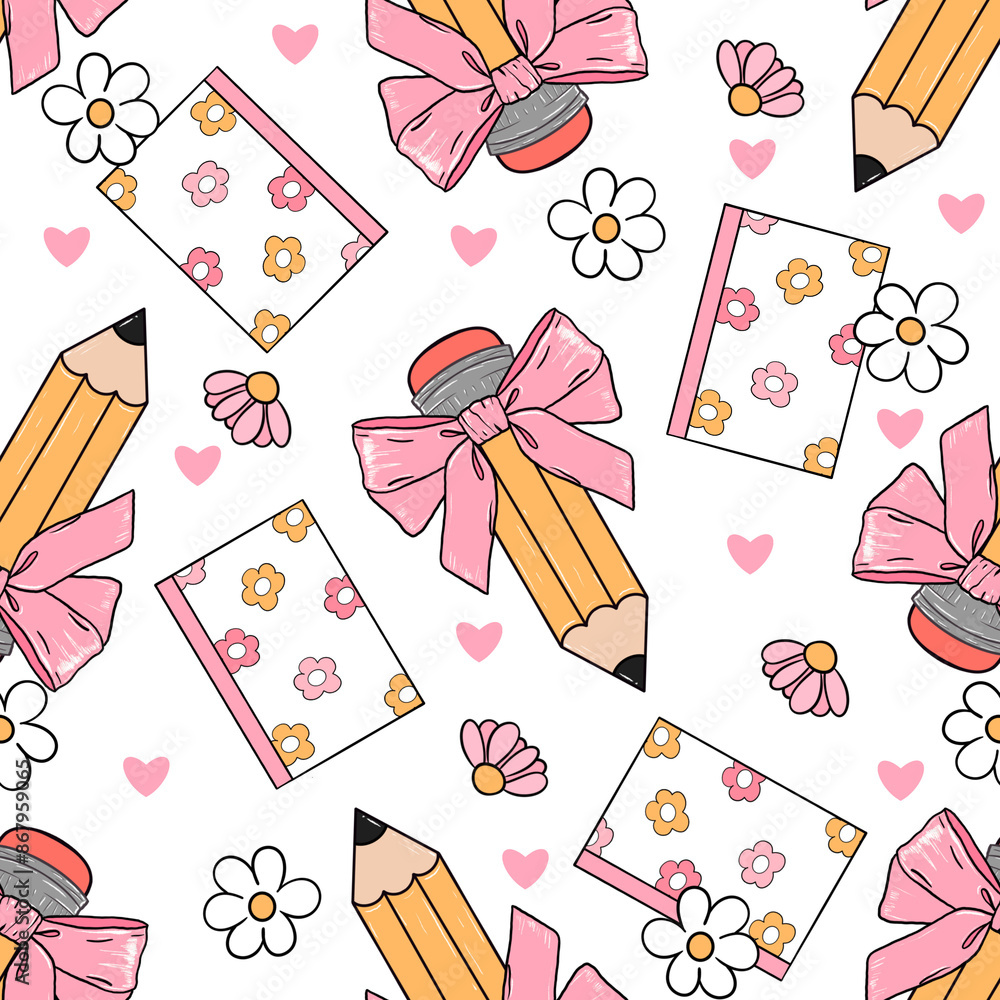 Cute pencil and bookish seamless pattern, Groovy retro back to school ...