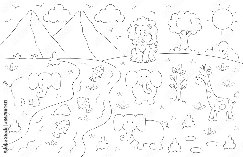 large coloring poster for kids, zoo animals and nature. use 11x17 inch ...