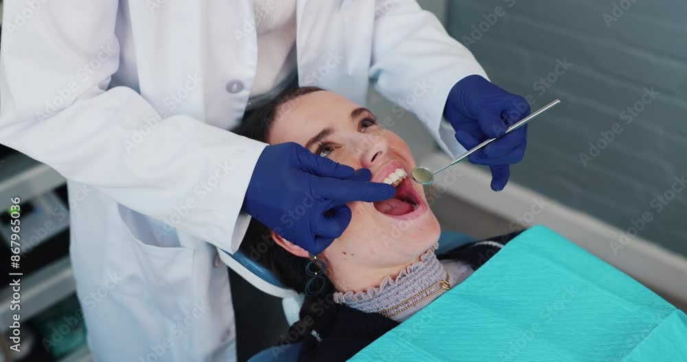 Dentist, woman and mirror in mouth for consultation, patient ...