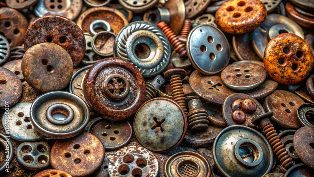 Gritty, worn, and rebellious, distressed metal buttons adorned with ...