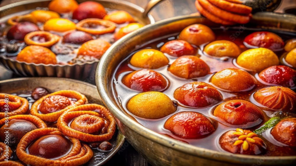 Vibrant colors of traditional Indian sweets, gulab jamun and jalebi ...