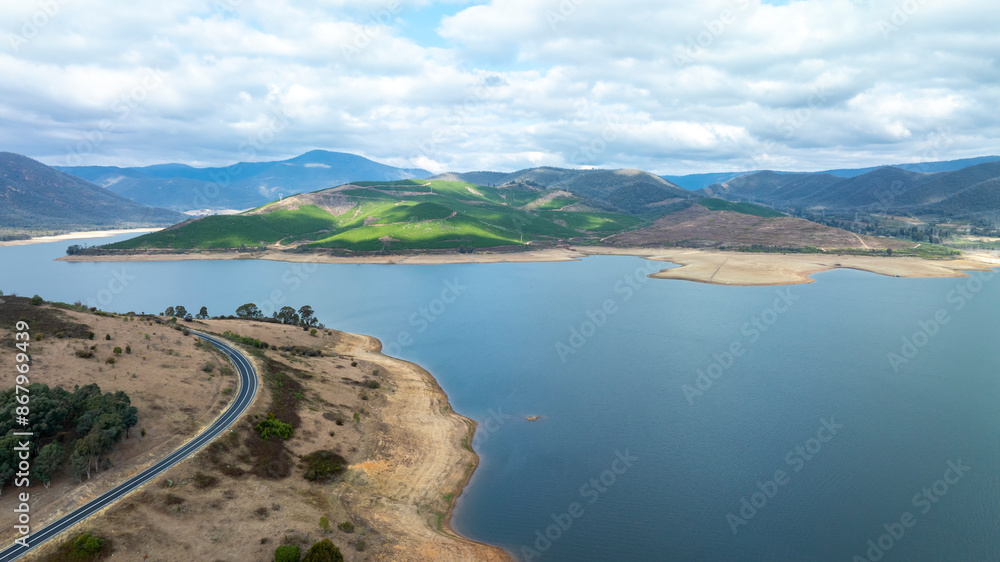 Drone aerial photograph of the Tumut River and Blowering Reservoir in ...