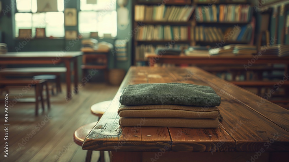 Vintage classroom with wooden desks, books, and chairs, evoking ...