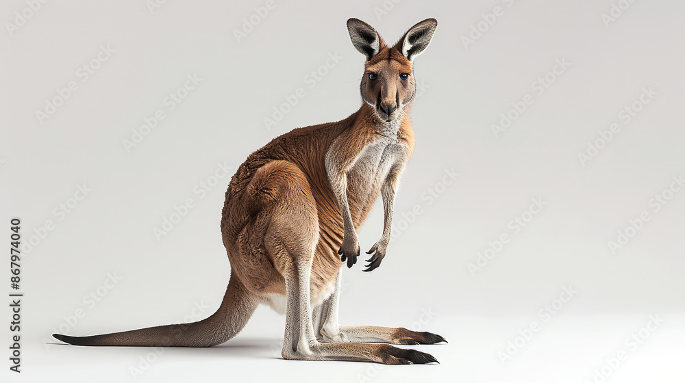 Against a clean white background, a red kangaroo strikes a powerful ...