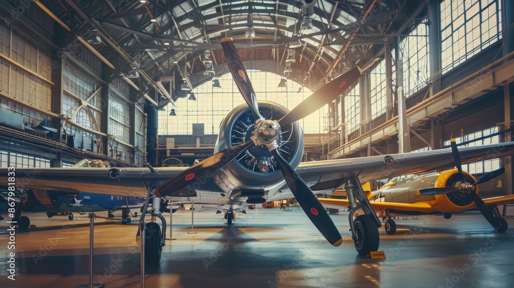Vintage fighter plane displayed in an aircraft hangar with warm ...