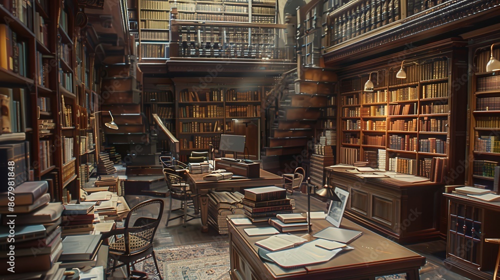 Vintage study room with wooden desk, bookshelves, and classic decor ...