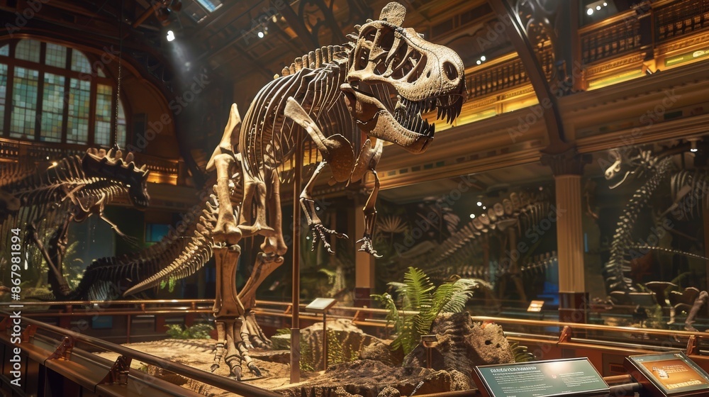 Dinosaur skeleton exhibit in a museum with detailed bone structure and ...