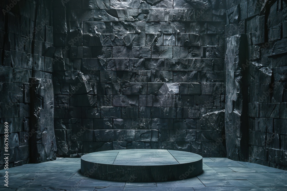 Mysterious ancient Egyptian temple interior with stone podium. Empty ...