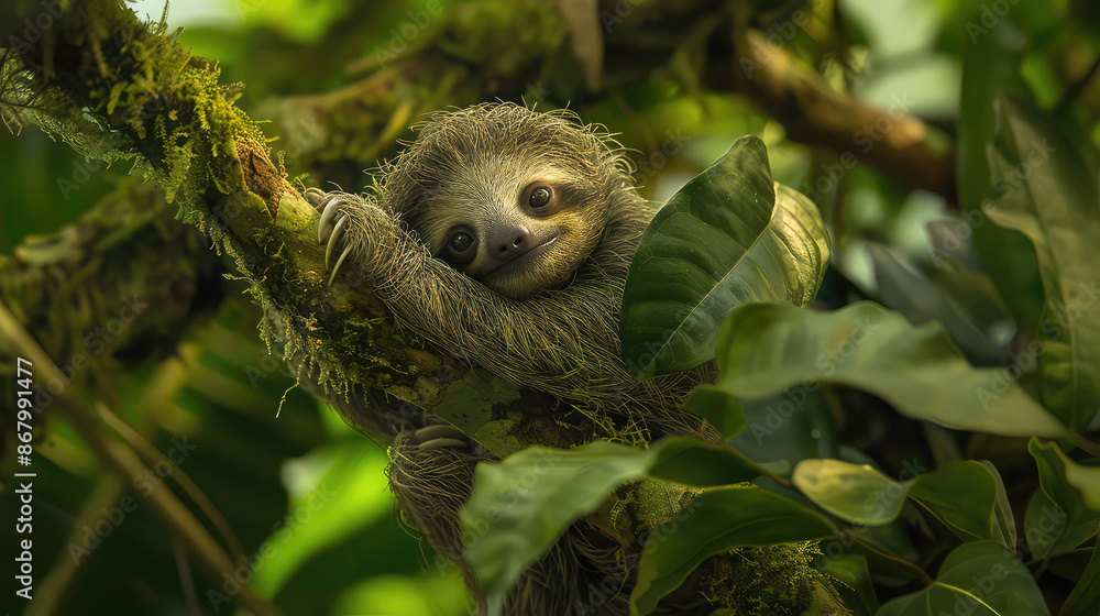 Nestled in the canopy of a lush Costa Rican tree, a baby sloth clings ...