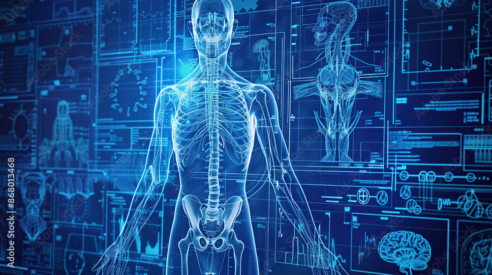 A digital blue background with an overlay of human anatomy and medical ...