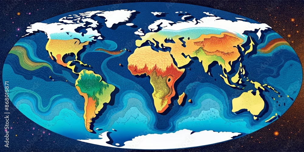 A colorful map of the world with a blue ocean and white clouds Stock ...