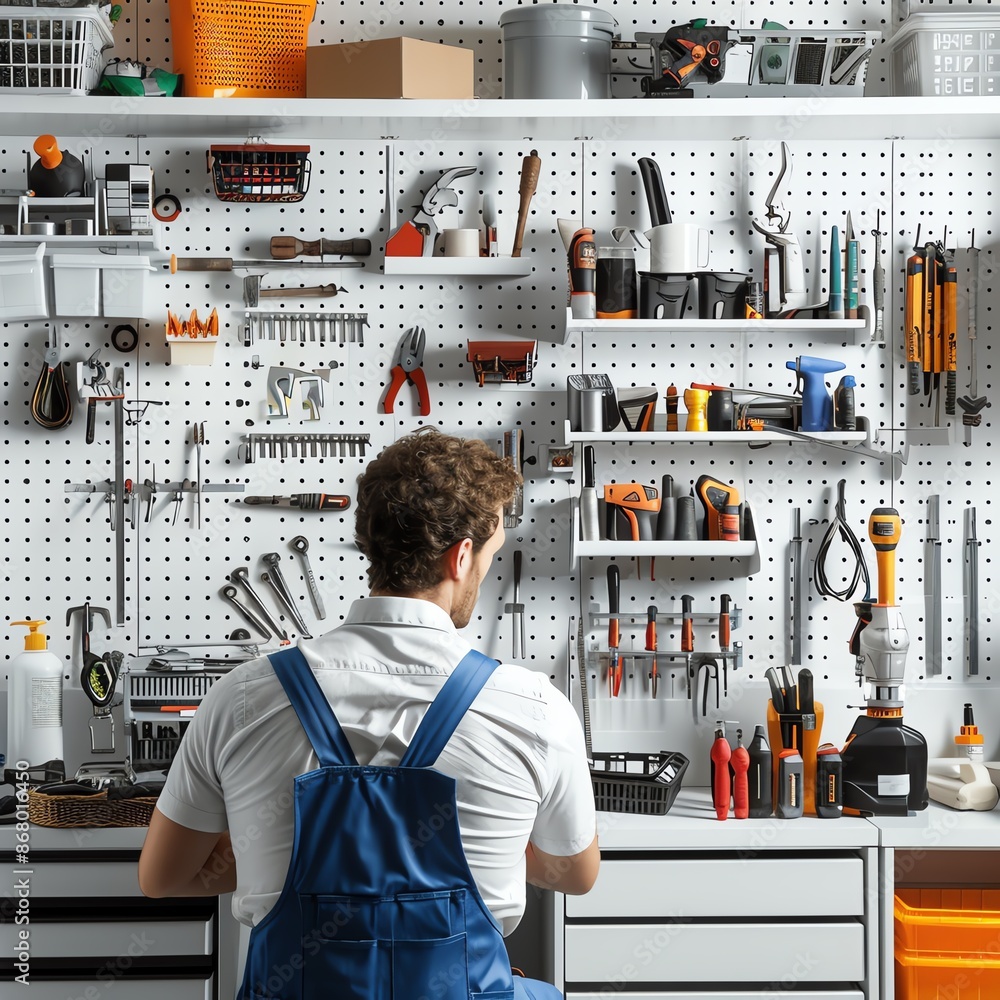 Mechanic working in a clutter-free garage, tools separated and stored ...