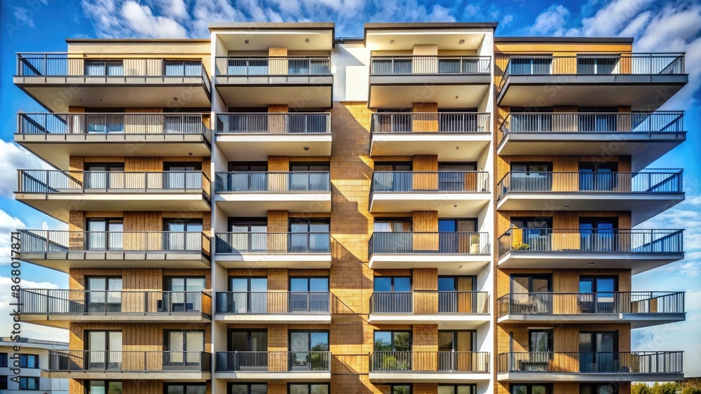 Facade of a modern high-rise building with balconies, windows and ...