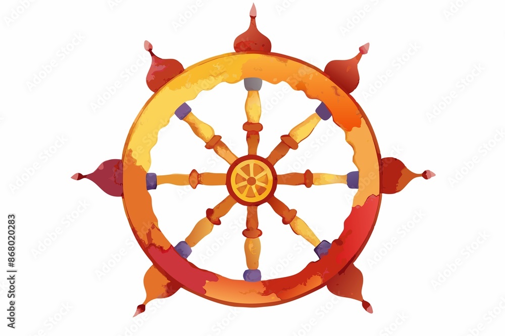unique, hand-painted watercolor of Buddhist dharma wheel on pure white ...