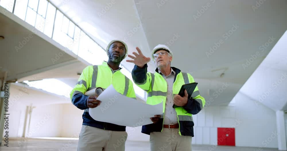 Man, architect and supervisor with blueprint, discussion or documents ...