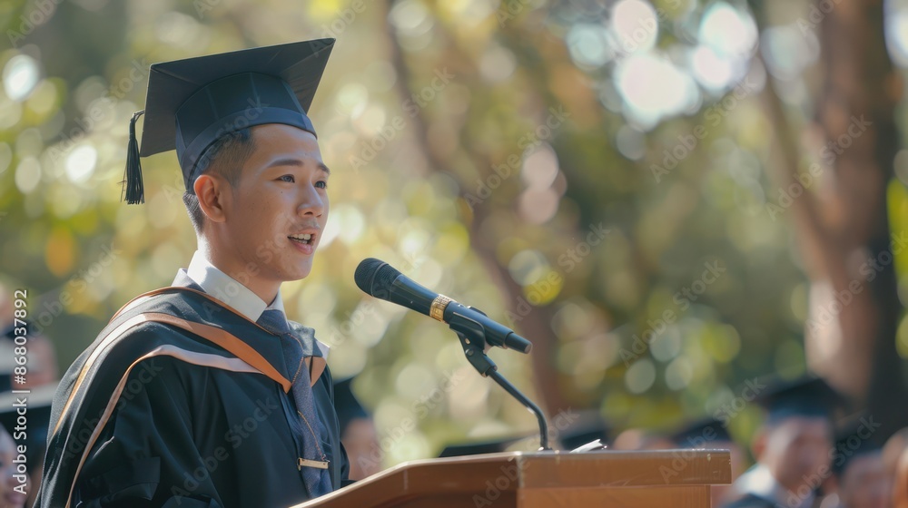 Valedictorian young student man giving graduation speech to other ...