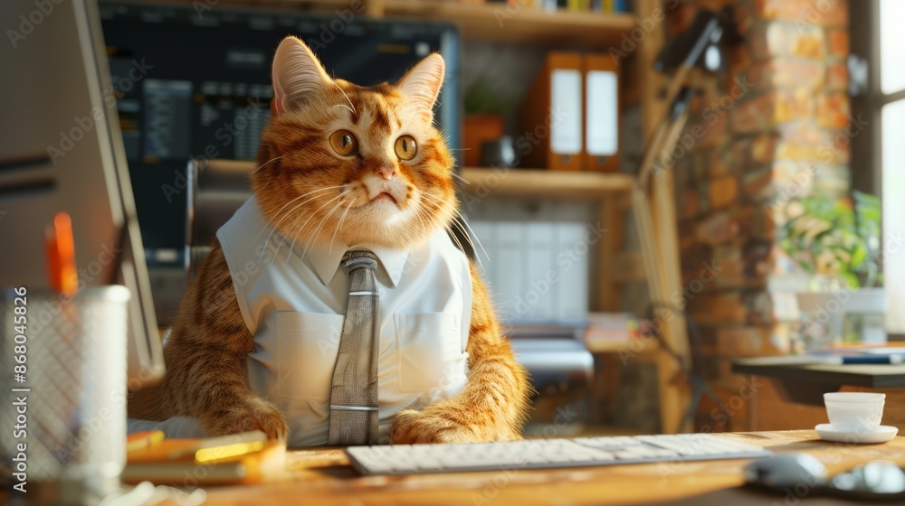 3D rendering of A fat cat wearing a white shirt and tie is sitting at ...