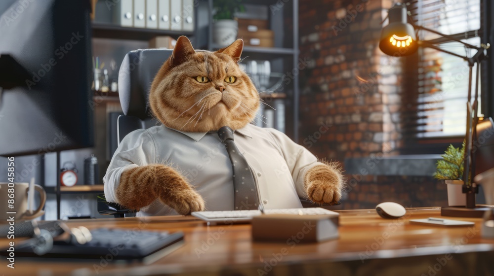 3D rendering of A fat cat wearing a white shirt and tie is sitting at ...