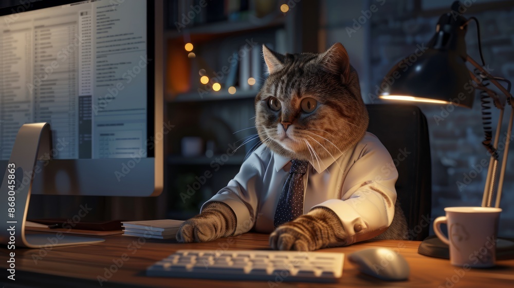 3D rendering of A fat cat wearing a white shirt and tie is sitting at ...